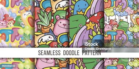 귀여운 만화 괴물과 짐승과 원활한 벡터 패턴의 컬렉션입니다 포장에 대 한 좋은 포장지 색칠 페이지 벽지 직물 패션 홈 장식 인쇄 등 낙서 드로잉에 대한 스톡 벡터 아트 및