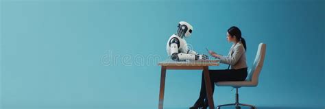 Collaboration Between Human And Robot On Project At Desk With Blue Background Generative Ai