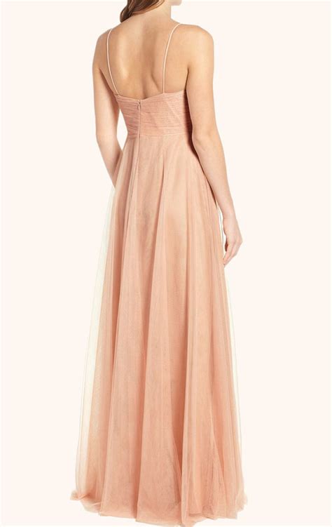 Macloth Straps V Neck Tulle Peach Prom Dress Floor Length Formal Gown