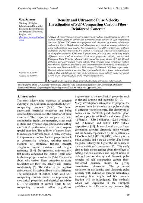 Pdf Density And Ultrasonic Pulse Velocity Investigation Of Self Compacting Carbon Fiber