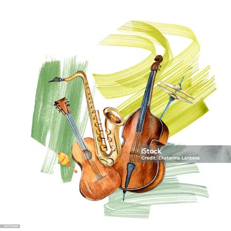 기타 색소폰 콘트라베이스 악기의 구성 수채화 그림이 고립되어 있습니다 0명에 대한 스톡 벡터 아트 및 기타 이미지 0명