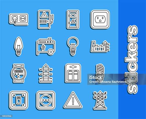 세트 라인 고전압 전봇대 라인 Led 전구 발전소 공장 및 공장 전기 캐비닛 휴대용 발전기 조명 콘센트 및 아이디어 아이콘의