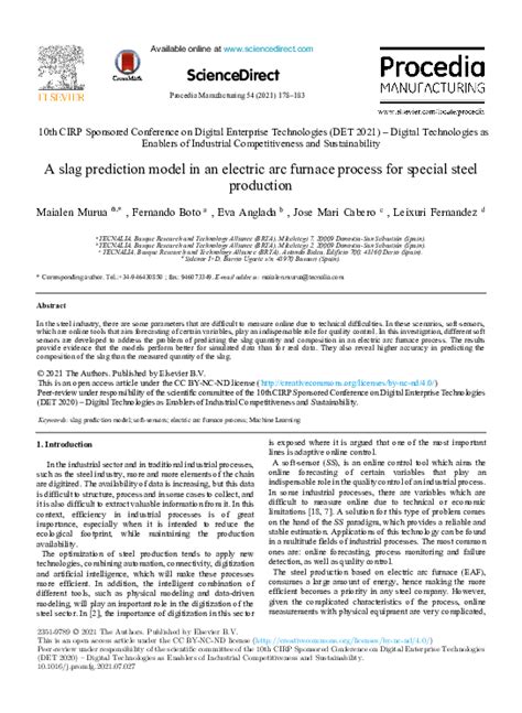 Pdf A Slag Prediction Model In An Electric Arc Furnace Process For Special Steel Production