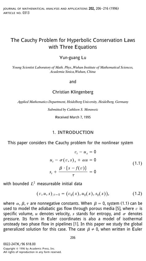 Pdf The Cauchy Problem For Hyperbolic Conservation Laws With Three Equations