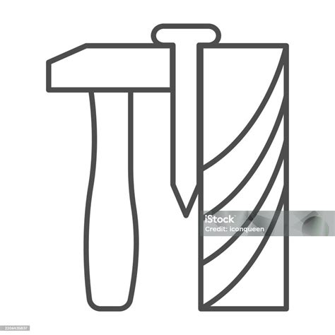 손톱과 망치 얇은 선 아이콘 산림 산업 개념과 나무 판자 벡터 그래픽입니다 나무 작업 흰색 배경에 목공 기호 모바일 또는 웹 디자인에 대한 개요 스타일 아이콘 강철에 대한
