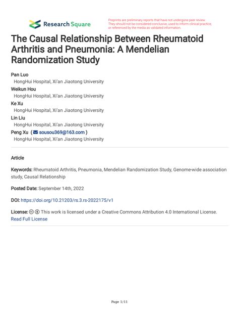 Pdf The Causal Relationship Between Rheumatoid Arthritis And Pneumonia A Mendelian