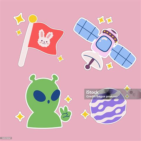 우주 카와이 스티커 세트 위성 외계인 Ufo 행성 송신기 별의 손으로 그린 우주 만화 컬렉션 은하계 탐험 우주 벡터에 보육원 인쇄를 위한 귀여운 아이 그래픽 번들 0명에