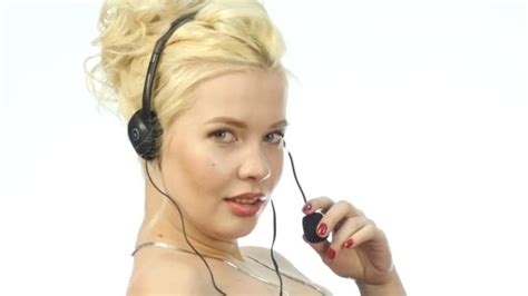 Sexy Smiling Woman Working Call Center Headset Telemarketing Woman Talking Stock Video Sandy