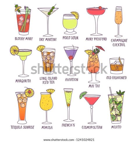 Set Doodle Cocktails Including Names Famous Stock Vector Royalty Free