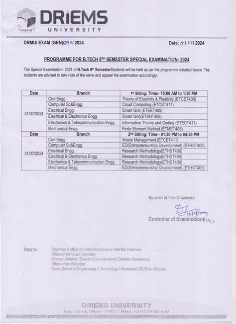 Programme For B Tech 8th Semester Special Examination 2024 Driems University