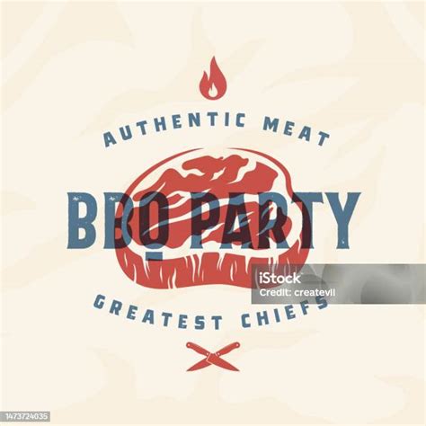 바베큐 파티 빈티지 벡터 레이블 카드 엠블럼 템플릿입니다 복고풍 타이포그래피와 고기 질감 파란색과 빨간색의 레트로 인쇄 효과