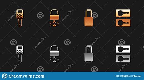 Set Car Key With Remote Key Broke Inside Of Padlock Lock And Casting Keys Icon Vector Stock