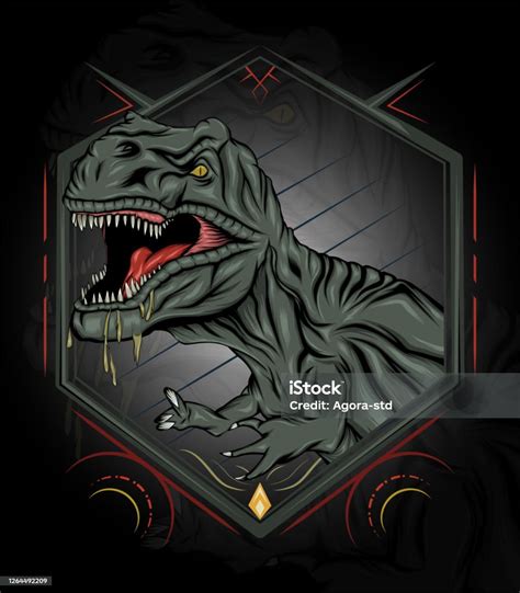 검은 색 배경에서 격리 된 검은 타이어 텍스트 유형으로 포스터 요소에 대한 녹색 머리 티라노사우루스 또는 T 렉스의 그림 괴물