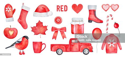 재미있는 불핀치 아늑한 장갑 산타모자 잼 항아리 스웨터 사탕 지팡이 등 밝은 붉은 색의 다양한 물체의 수채화 일러스트 세트