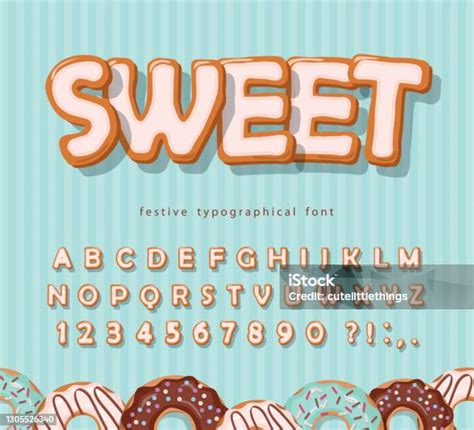 달콤한 쿠키 글꼴 만화 손 그린 알파벳 화려한 문자와 숫자를 유약 벡터 3차원 형태에 대한 스톡 벡터 아트 및 기타 이미지 3차원 형태 귀여운 도넛 Istock