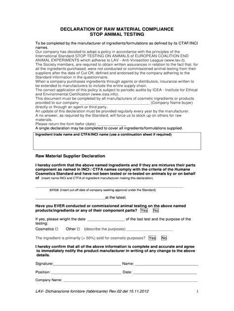 Fillable Online DECLARATION OF RAW MATERIAL COMPLIANCE Fax Email Print PdfFiller