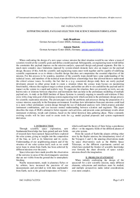 Pdf Supporting Model Payload Selection For Science Mission Formulation