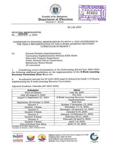 Rm 829 S 2024 Addendum To Regional Memorandum No 00744 S 2024 Guidelines In The Year 3