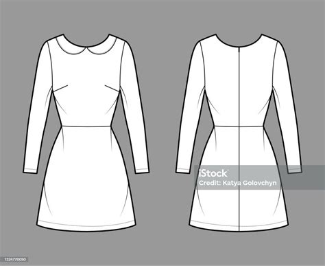 드레스 A 라인 테크니컬 패션 일러스트와 긴 소매 피터 팬 칼라 몸에 장착 무릎 위 길이 스커트 0명에 대한 스톡 벡터 아트 및