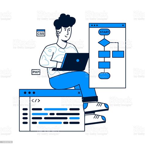 개발 및 프로그래밍 개념 플랫 디자인 웹 코딩 및 앱을 개발하기 위해 컴퓨터에서 작업하는 남자 웹 디자인 배너 모바일 앱 방문