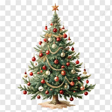 빨간색과 흰색 장식품이 있는 빈티지 크리스마스 트리 클립 아트 빈티지 크리스마스 트리 오래된 크리스마스 트리 클립 아트 크리스마스 트리 장식품 클립 아트 Png