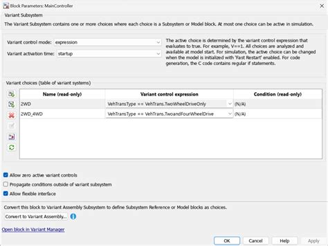 Control Active Choice Of Variant Subsystem During Simulation Or Execution Of Generated Code