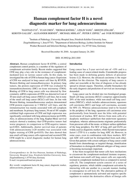PDF Human Complement Factor H Is A Novel Diagnostic Marker For Lung Adenocarcinoma