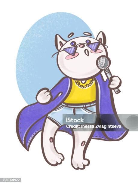 만화 스타일의 컬러 일러스트레이션 마이크 직업 가수로 노래하는 만화 재미있는 고양이 흰색 배경 디자인 요소에 어린이 엽서 포스터를 인쇄합니다 0명에 대한 스톡 벡터 아트 및