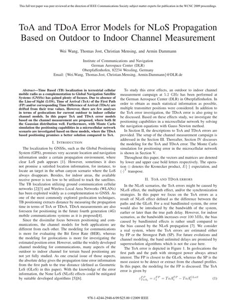 Pdf Toa And Tdoa Error Models For Nlos Propagation Based On Outdoor