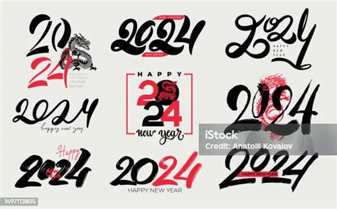 2024년 새해 복 많이 받으세요 로고 검은색 텍스트 디자인 세트 2024년 숫자 트렌드 디자인 템플릿의 큰 컬렉션입니다 2024 새해 복 많이 받으세요 상징 장식 검은색