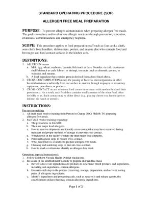 Fillable Online Standard Operating Procedure Sop Allergen Free Meal Preparation Fax Email
