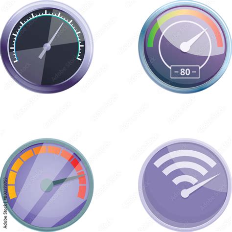 Modern Speedometer Icons Set Cartoon Vector Different Type Of Speedometer Speed Dial Indicator