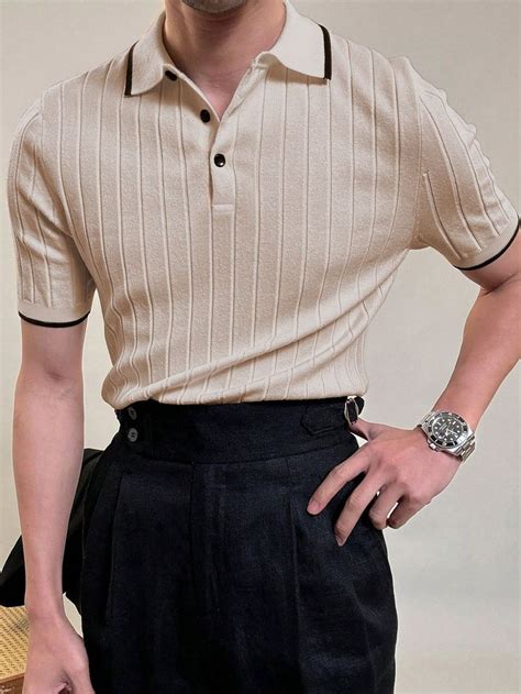 남성용 버튼 스트라이프 디자인 짧은 소매 피팅 클래식 비즈니스 폴로 셔츠 Men Stylish Dress Stylish Mens Outfits Mens Fashion