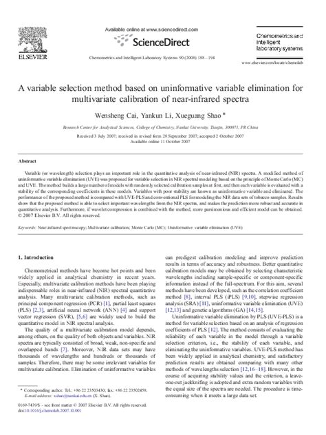 Pdf A Variable Selection Method Based On Uninformative Variable