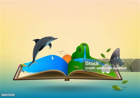 열기 여행 책 산악 초원 폭포 나비 시냇물과 바다 해변 사이 일몰 배경에 그림을 벡터 3차원 형태에 대한 스톡 벡터 아트 및 기타 이미지 Istock