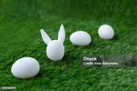 녹색 잔디에 흰색 닭 계란 뒤에 기독교인과 가톨릭 신자들 사이에서 종교 휴일의 축하를위한 상징 부활절 토끼의 귀를 숨깁니다 0