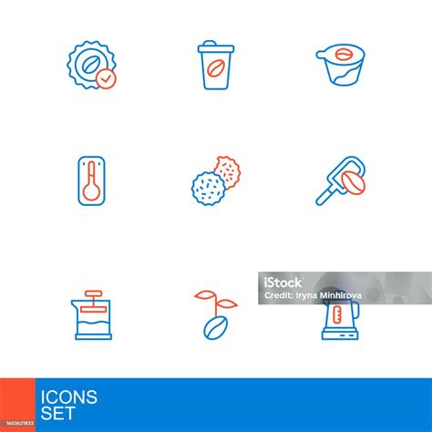 세트 라인 전기 주전자 커피 콩 프렌치 프레스 커피 곡물 온도계 쿠키 또는 비스킷이 있는 주걱 메이커와 컵 위에 붓기 아이콘 벡터 가리기에 대한 스톡 벡터 아트 및 기타