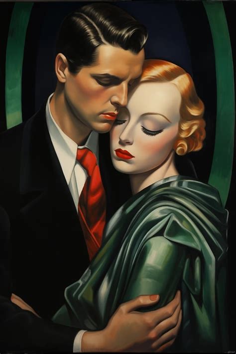 무료 사진 포옹하는 남자와 여자의 세련되고 우아한 포스터 1920년대 프랑스 아르데코 스타일의 예술 작품