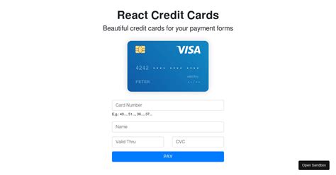 react credit cards demo forked codesandbox