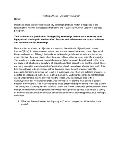 Rewriting A Weak Tok Essay Paragraph Pdf Knowledge Science