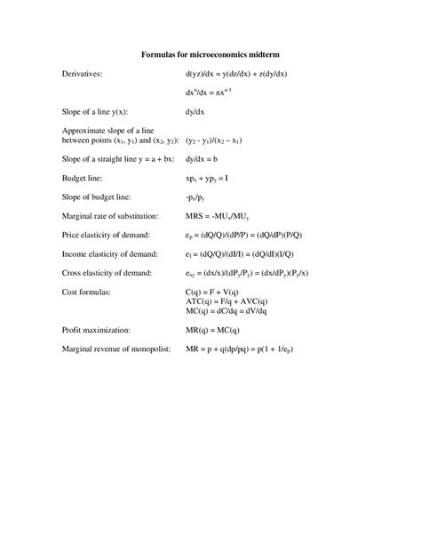 Microeconomics Formula Sheet Cheat Sheet Economics Docsity