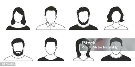 사용자 아바타 개요 아이콘입니다 남자와 여자 얼굴 머리 컬렉션 남성과 여성의 캐릭터 익명의 사람 벡터 그림입니다 사람들에 대한