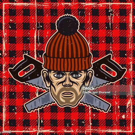 니트 모자를 쓴 벌목꾼 머리와 톱 벡터 컬러 일러스트레이션은 제거 가능한 그런지 질감이 있는 체크무늬 격자 무늬 배경에 있습니다