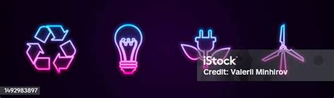 라인 재활용 기호 전구 리프 및 풍력 터빈의 전기 절약 플러그를 설정하십시오 빛나는 네온 아이콘입니다 벡터 0명에 대한 스톡