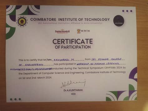 Kaviyarasu M On Linkedin I Have Recently Earned A Certificate In Workshop Of Augmented