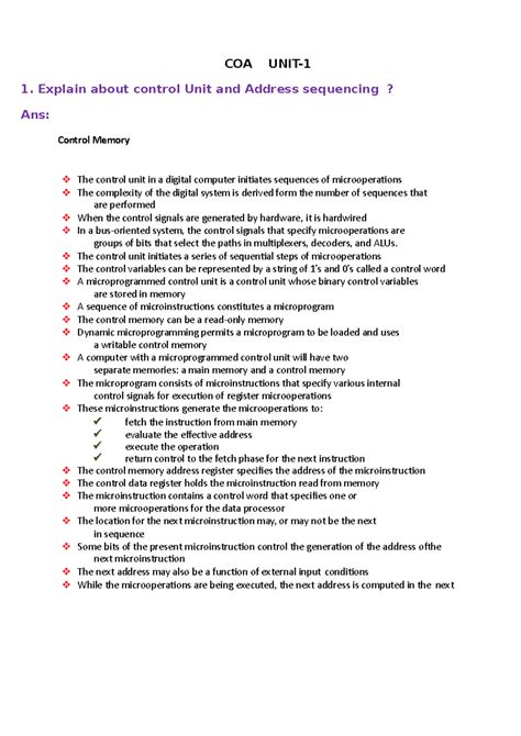 coa unit 1 notes on coa coa unit 1 explain about control unit and