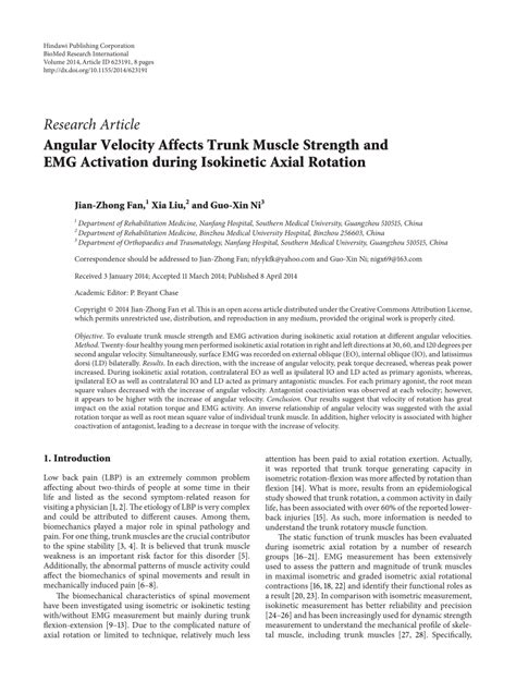 Pdf Angular Velocity Affects Trunk Muscle Strength And Emg Activation During Isokinetic Axial