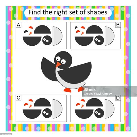 아이들을 위한 논리 퍼즐 올바른 만화 펭귄 세트를 찾으십시오 대답은 D입니다 0명에 대한 스톡 벡터 아트 및 기타 이미지 0