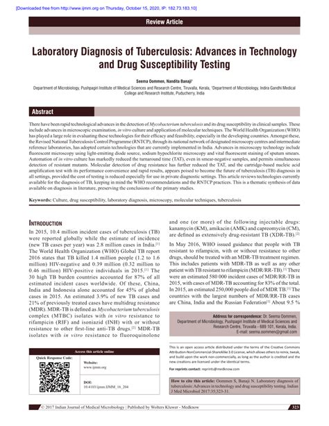 PDF Laboratory Diagnosis Of Tuberculosis Advances In Technology And Drug Susceptibility Testing