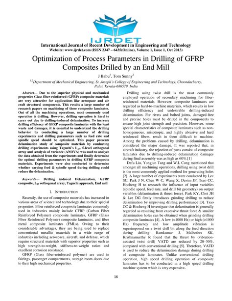 Pdf Optimization Of Process Parameters In Drilling Of Gfrp Composites Drilled By An End Mill